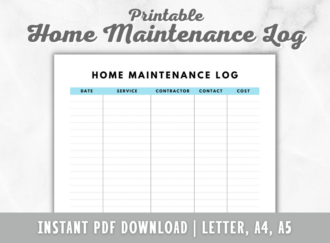 Home Maintenance Tracker Printable - House Repairs Log - Home Repairs ...
