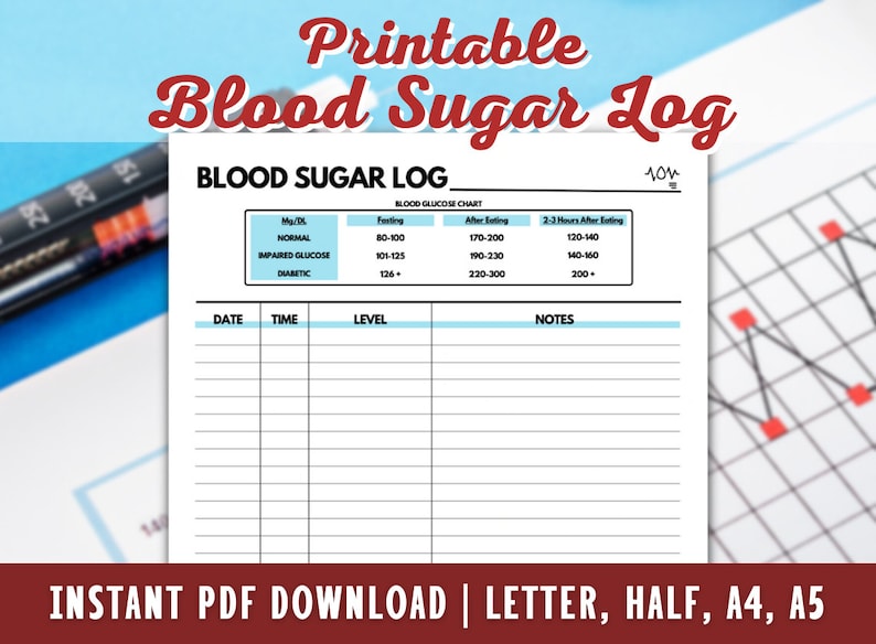 Blood Sugar Log Printable - Blood Sugar Reading Tracker - Blood Glucose ...