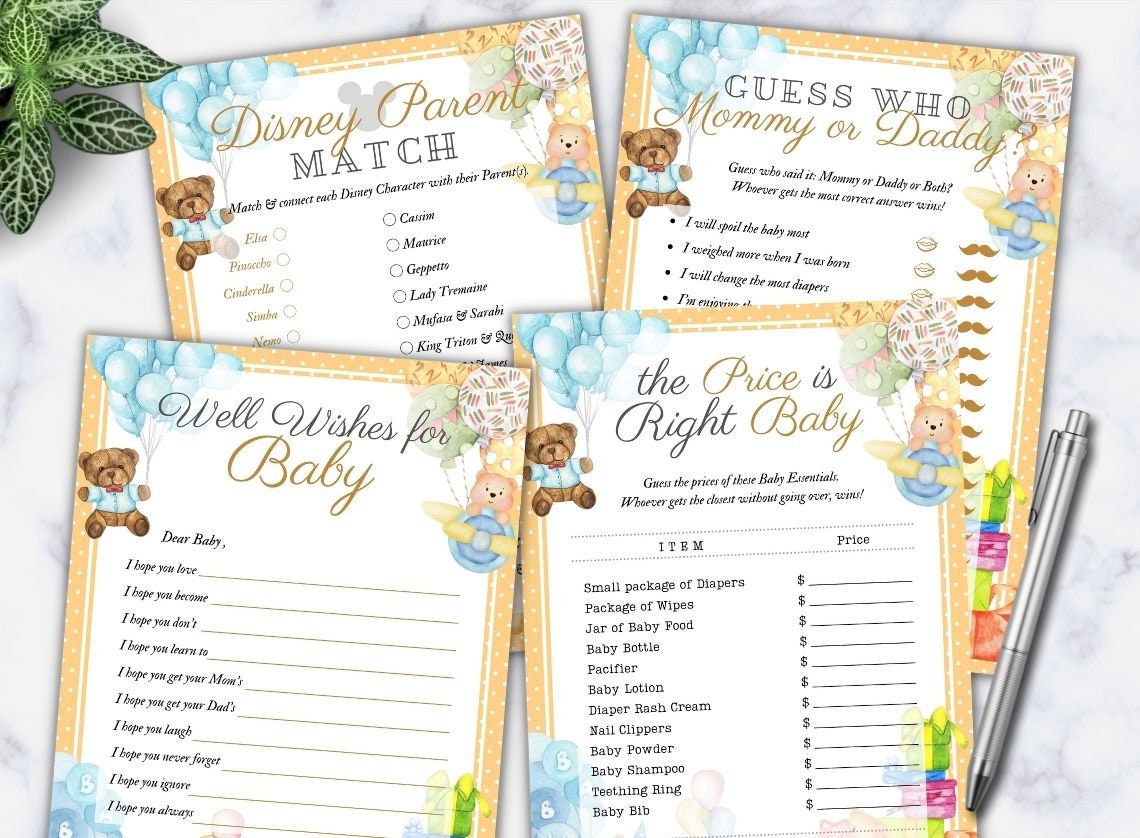 Teddy Bear Baby Shower Games Printable Pack, Blue Brown Baby Shower Games Package Boy, Teddy ...