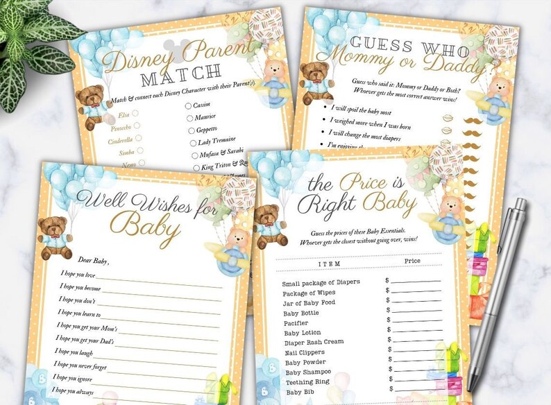 Teddy Bear Baby Shower Games Printable Pack, Blue Brown Baby Shower ...