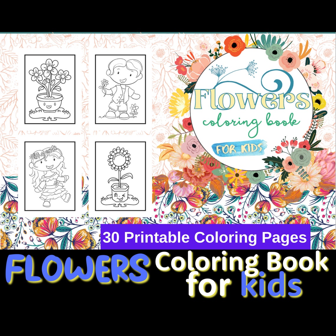 Flowers Coloring Book Pages for Kids - 30 Drawings - Printable Digital ...