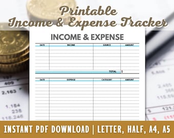 Income and Expense Tracker Printable - One Page - Minimal Financial Log ...