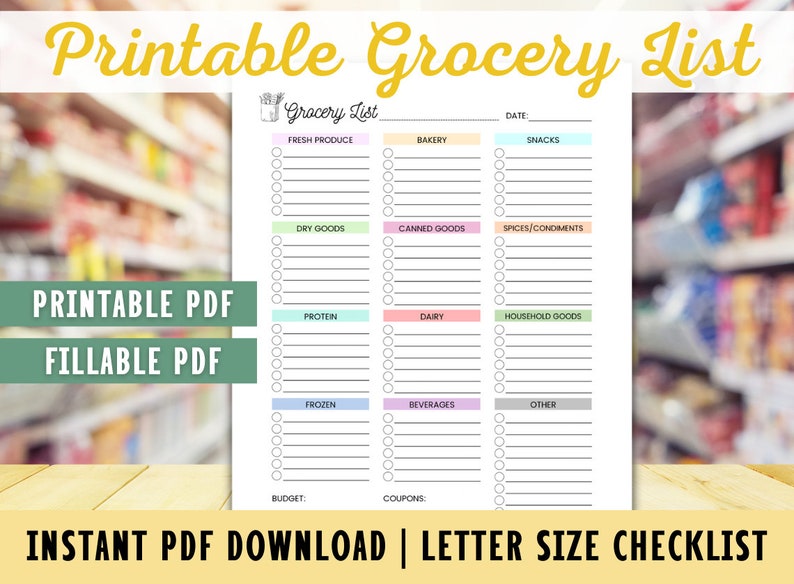 Grocery Checklist, Printable Grocery List, Grocery List Template ...