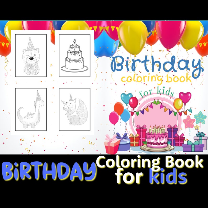 Birthday Coloring Book Pages for Kids - 30 Drawings - Printable Digital ...