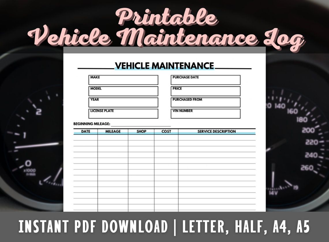 Vehicle Maintenance Log - Vehicle Service Tracker - Vehicle Repairs ...