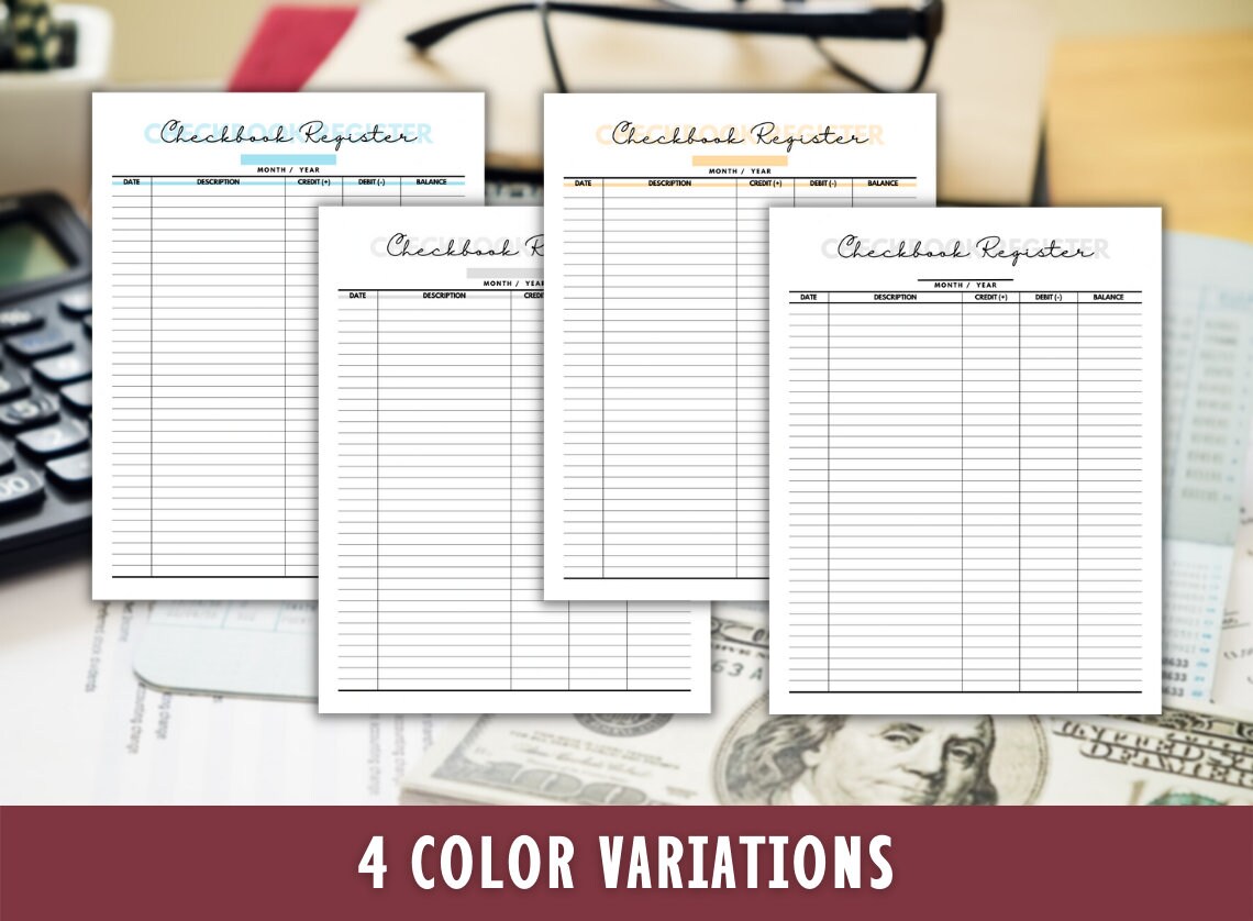 Checkbook Register Printable Log - Check Register Pages - Transaction ...