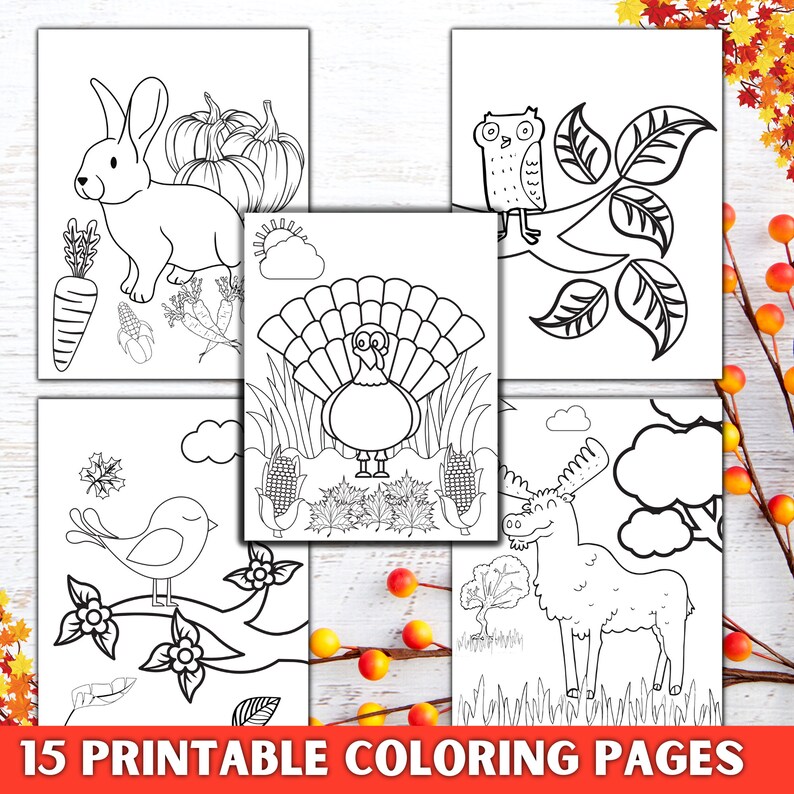 Fall Coloring Pages, Autumn Coloring Book for Kids, Thanksgiving, PDF ...