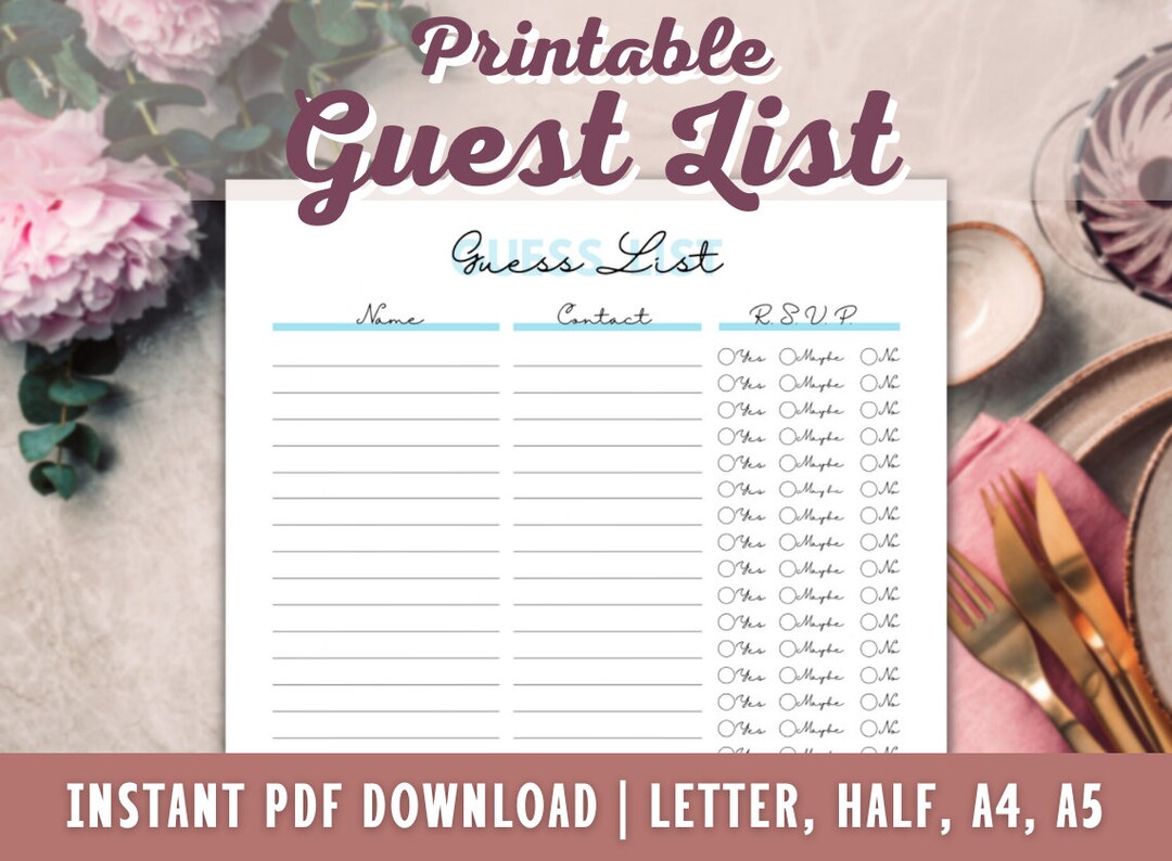 Guest List - Event List Printable - Event RSVP Tracker - Party ...
