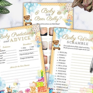 Teddy Bear Baby Shower Games Printable Pack, Blue Brown Baby Shower ...