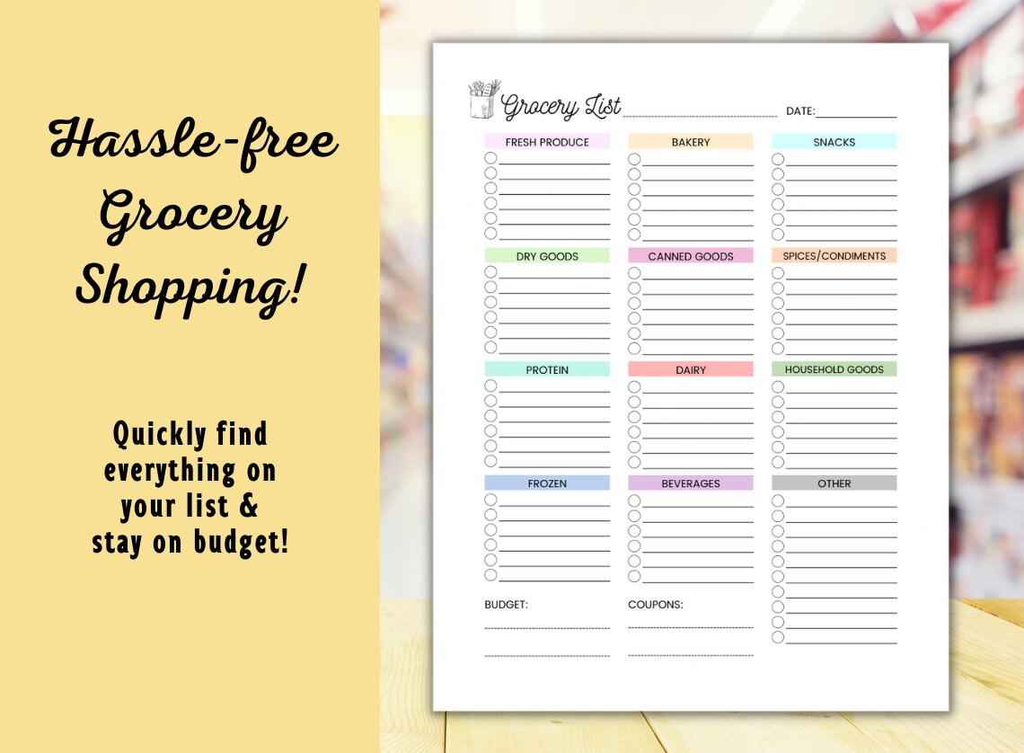 Grocery Checklist, Printable Grocery List, Grocery List Template ...