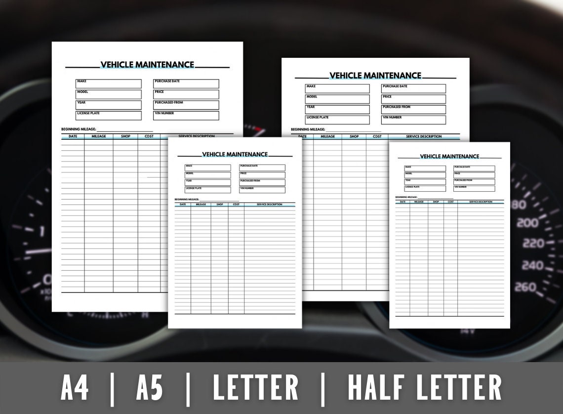 Vehicle Maintenance Log - Vehicle Service Tracker - Vehicle Repairs ...