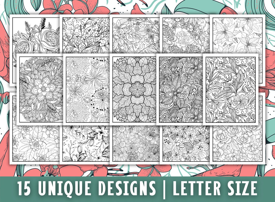 Printable Flower Coloring Pages for Adults & Teens, 15 Pages, Mandala ...
