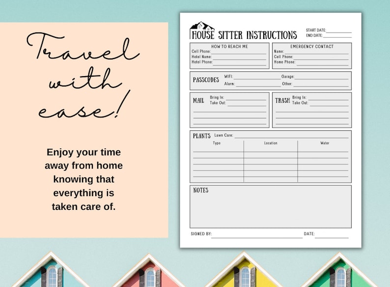 House Sitter Instructions, House Sitting Checklist, House Sitter Info ...