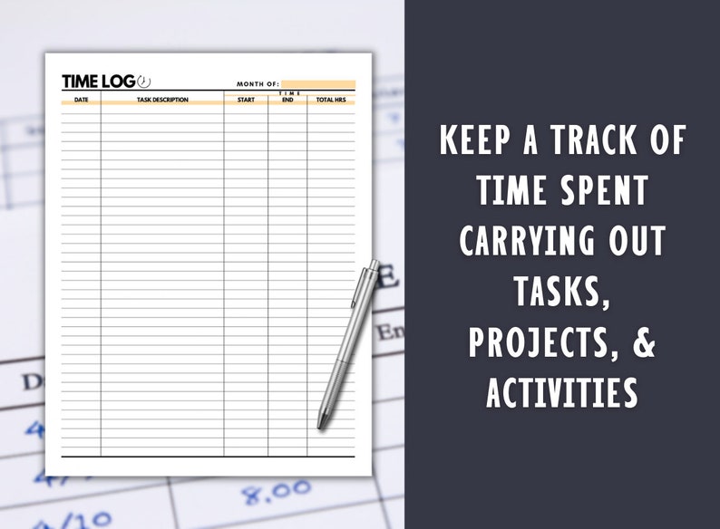 Time Log Printable - Task Tracker - Timesheet Printable - Project Time ...