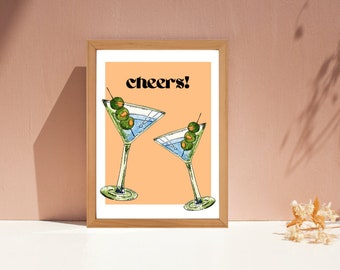 Retro Bar Cart Print, Funky Cheers Cocktail Print, Martini Bar Cart Print, Vintage Drinks Poster ...