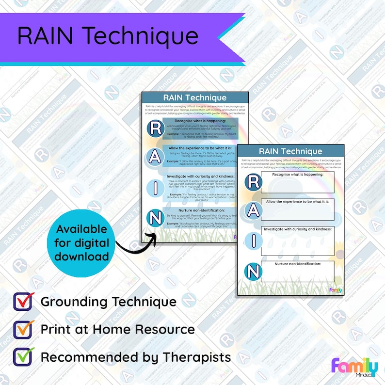 RAIN Technique Sheet, Emotional Regulation, School Counsellor Resources ...