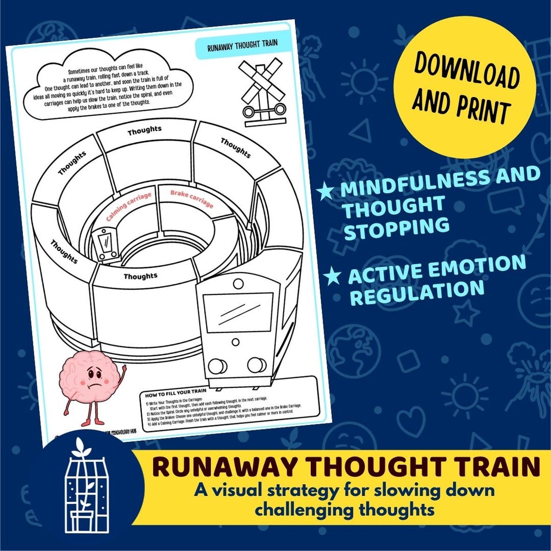 Runaway Thought Train Worksheet, Kids Mental Health, Therapy ...