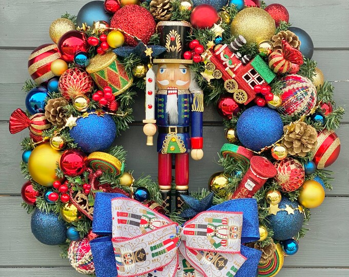 Christmas Blue Traditional Nutcracker Large Wreath Gold Red - Etsy UK