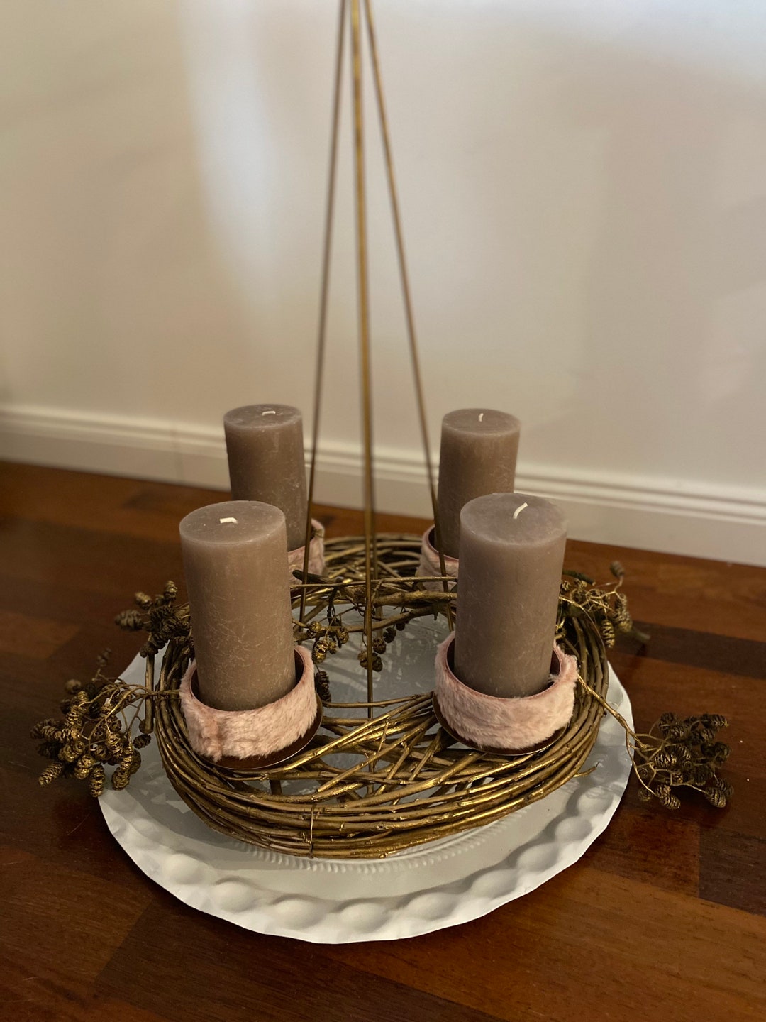 Advent Wreath for Hanging / Gold With Pink and Taupe / Alder in Gold ...