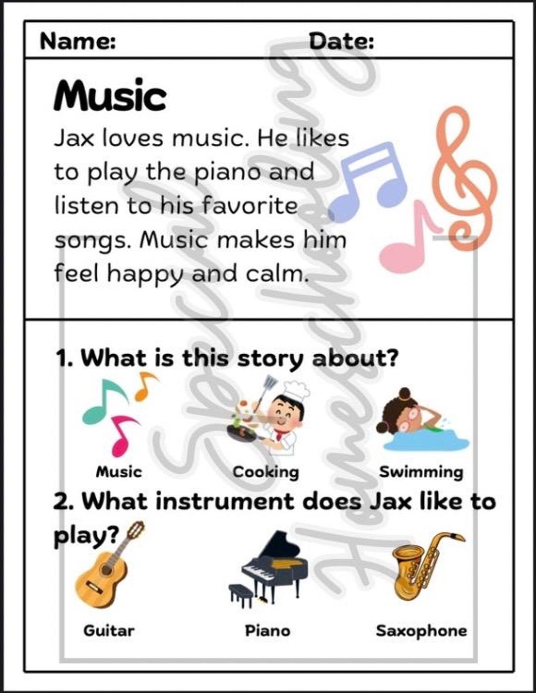 Reading Comprehension Worksheet (music) - Etsy