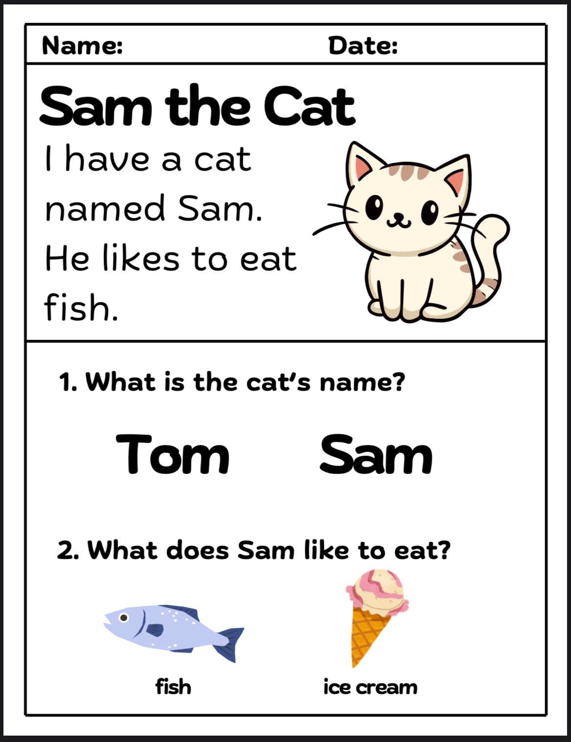 Reading Comprehension Worksheet (sam the Cat) - Etsy