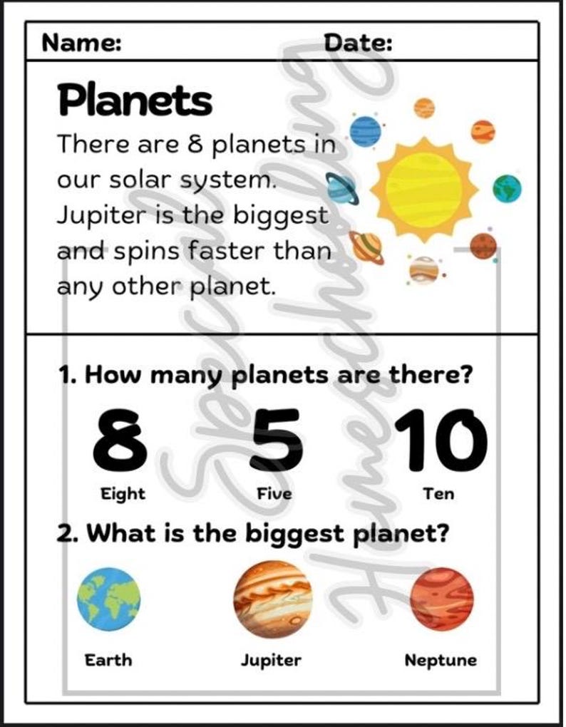 Reading Comprehension Worksheet planets - Etsy