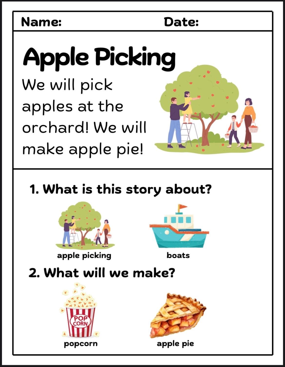Reading Comprehension Worksheet (apple Picking) - Etsy