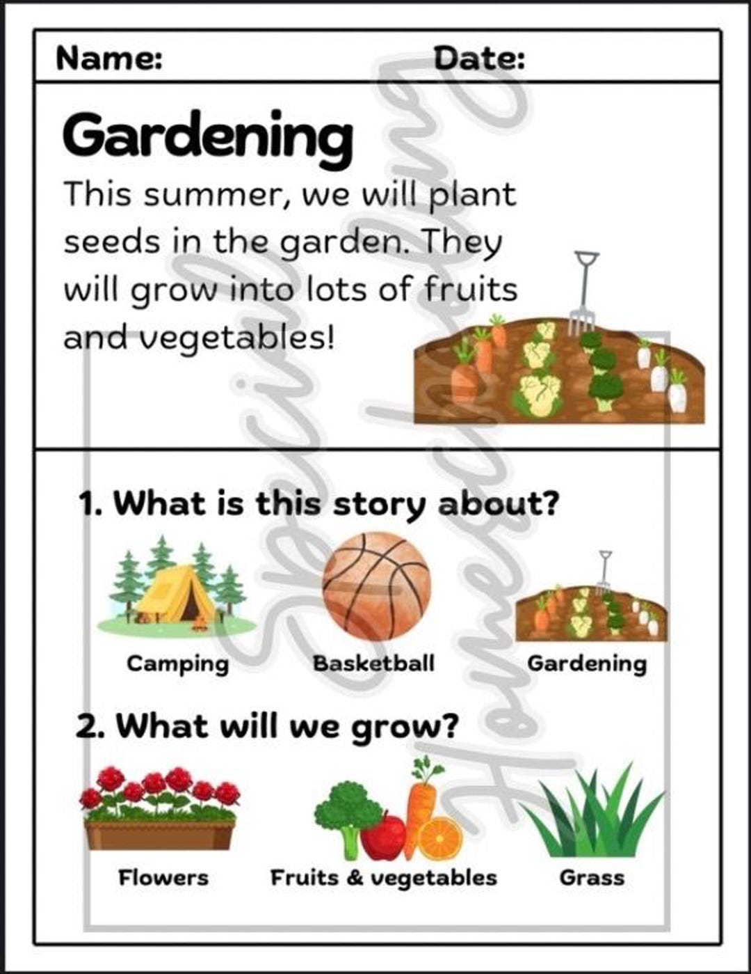 Reading Comprehension Worksheet (gardening) - Etsy