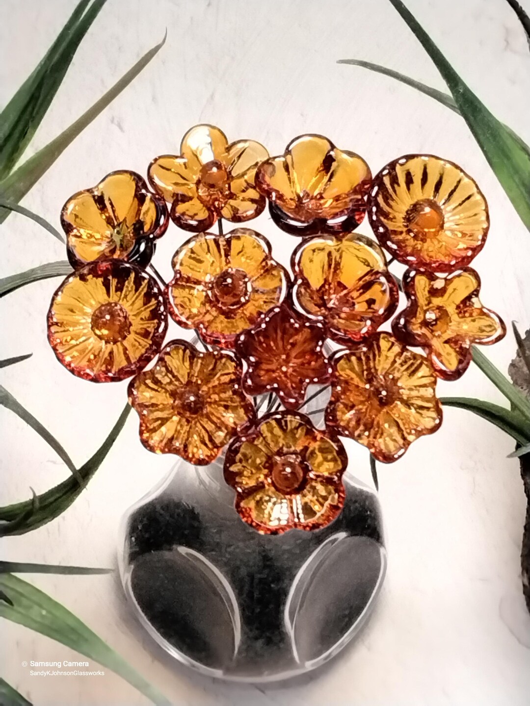 Medium Amber Glass Flowers, Mini Tiny Small Glass Flowers on Wire ...