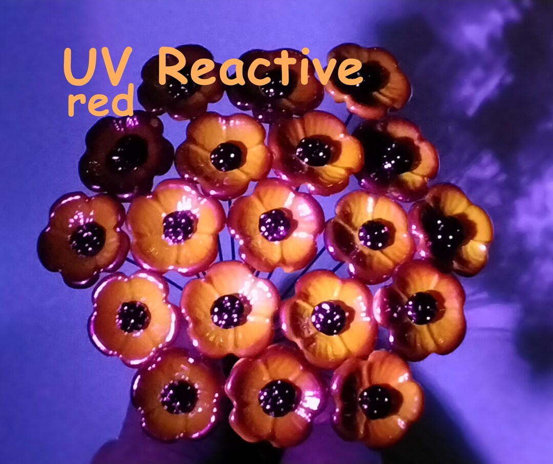 RED EMBERS Opaque UV Reactive - Glass Flowers on Wire Miniature Small ...