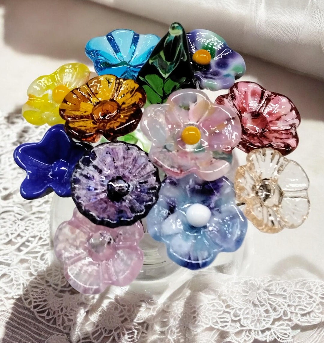 Surprise Me/mix It up Glass Flower Bouquet~11 Glass Flowers + 1 Sage ...