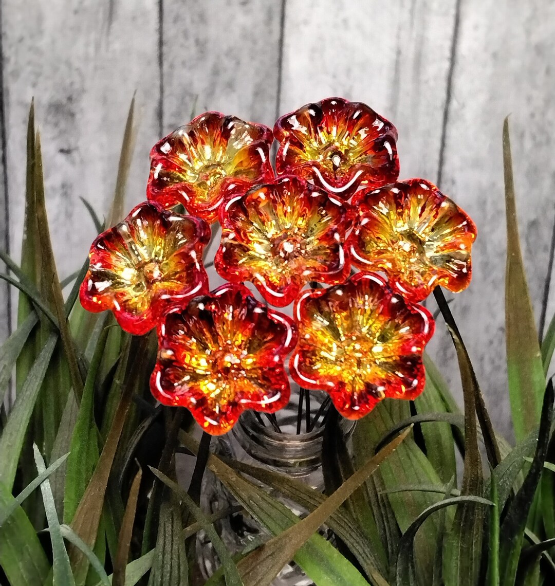 FIRE OPEN RUFFLE Glass Flower on Wire Headpins ~ Miniature, Tiny, Small ...