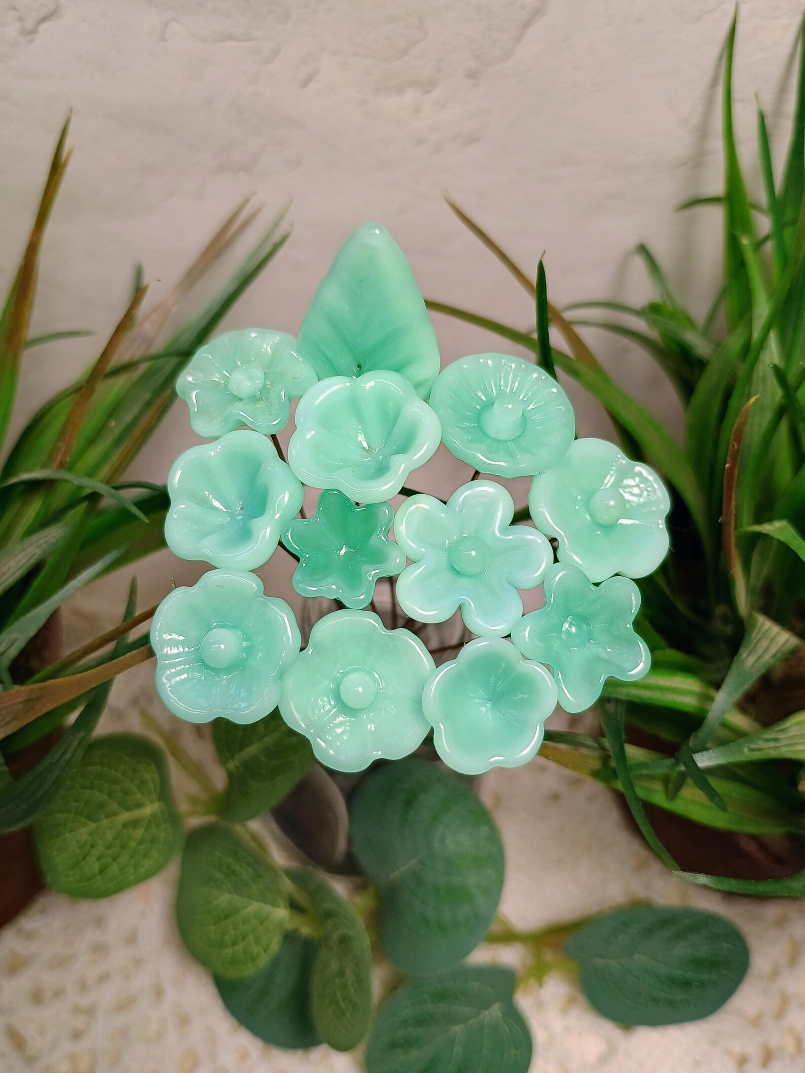 Jadeite Green Glass Flower Bouquet; Set/12 Tiny Small Mini Glass ...