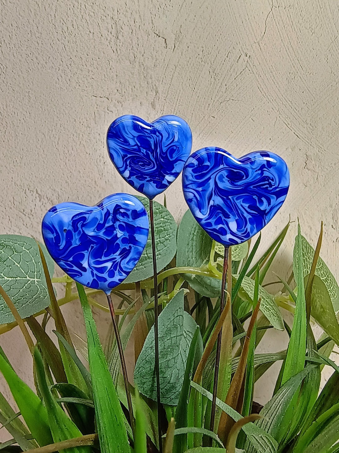Glass Heart Plant Pick: Blue/blue Swirl, Heart on 5in Wire. Use for ...