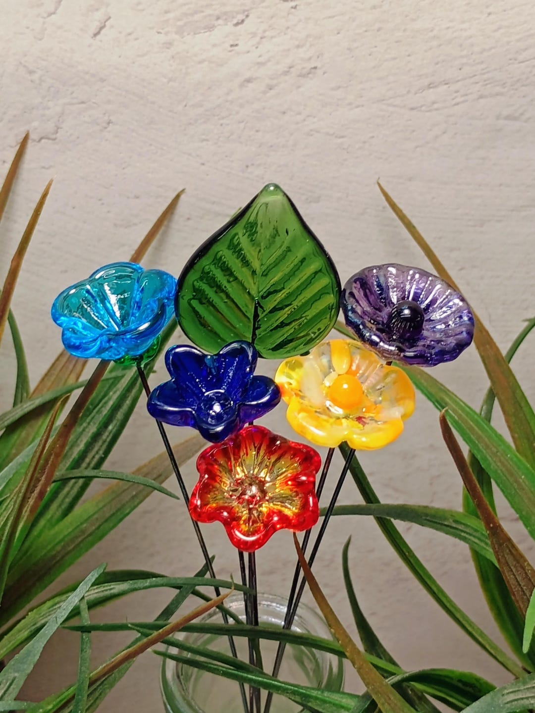 Lil' Somethin' Glass Flower Bouquet; 5 Glass Flowers + 1 Leaf;tiny Mini ...