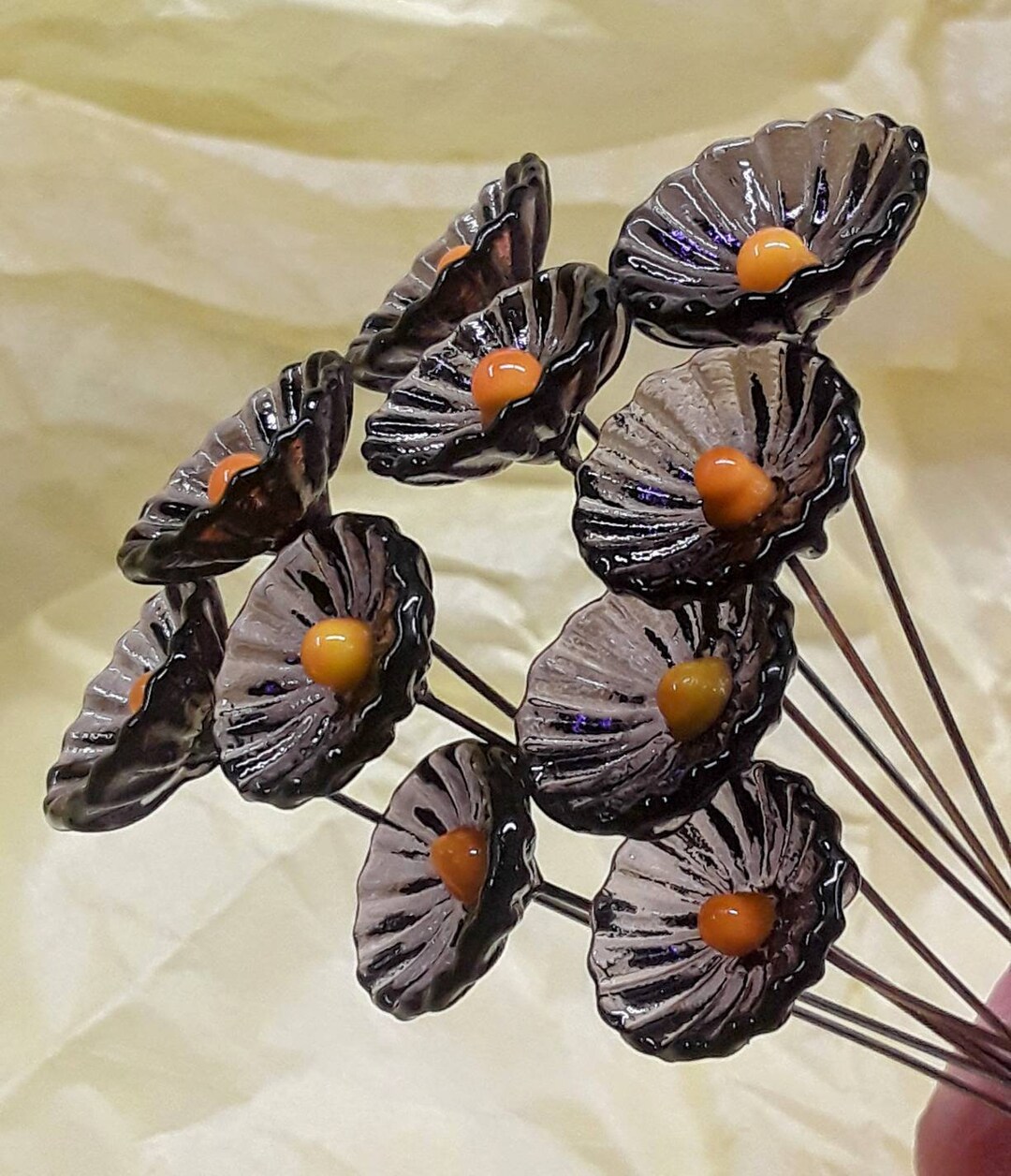 Purple & Gold Coral Disk Mini Tiny Small Glass Flowers on Wire ...