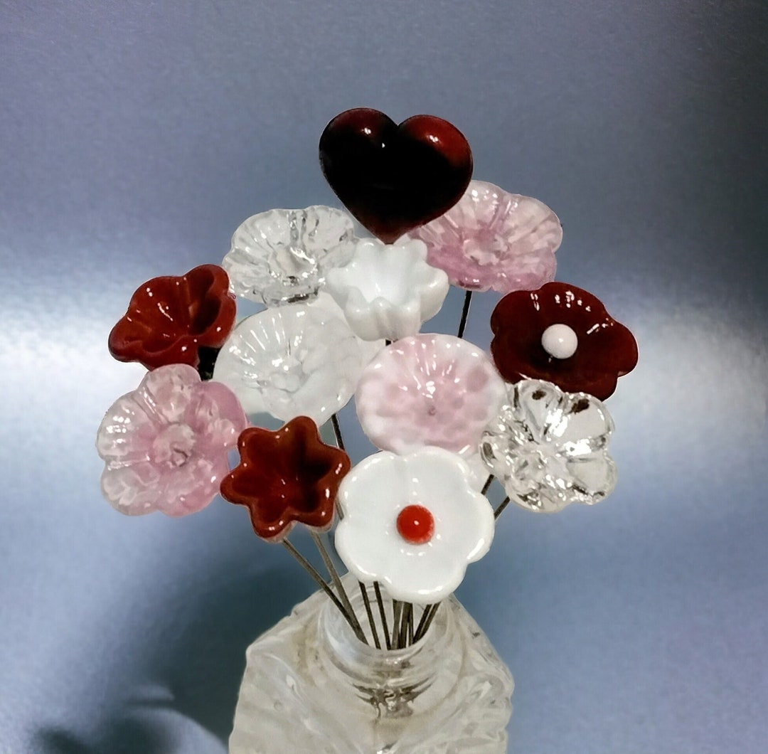 VALENTINE BE MINE ~glass Flower/leaf Bouquet, Tiny Small Glass Flowers ...
