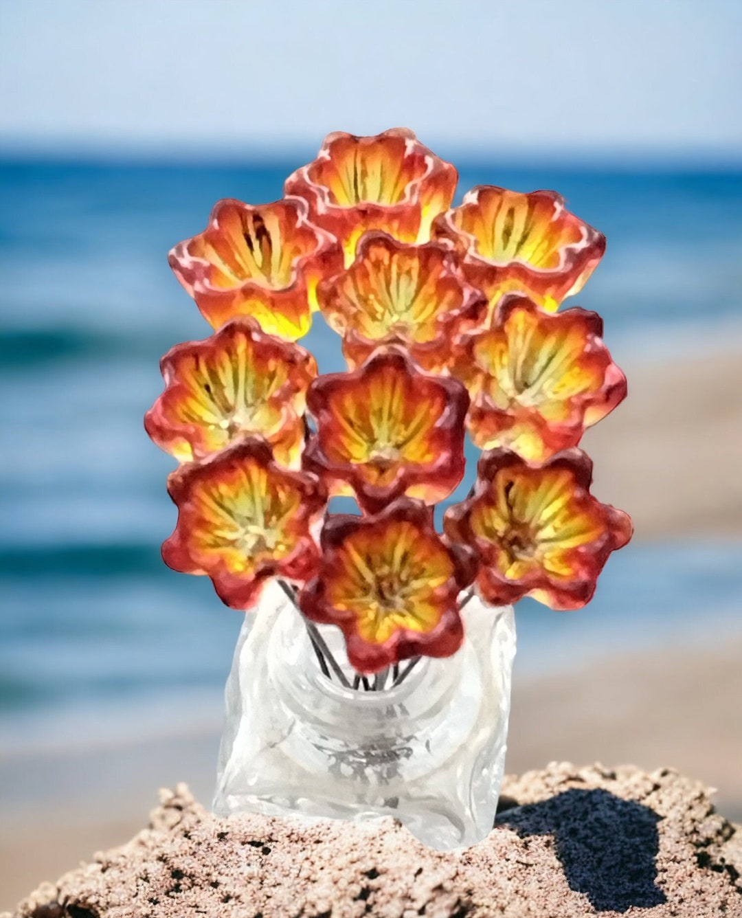 FIRE MINI RUFFLE Glass Flower on Wire Headpins Miniature, Tiny, Small ...