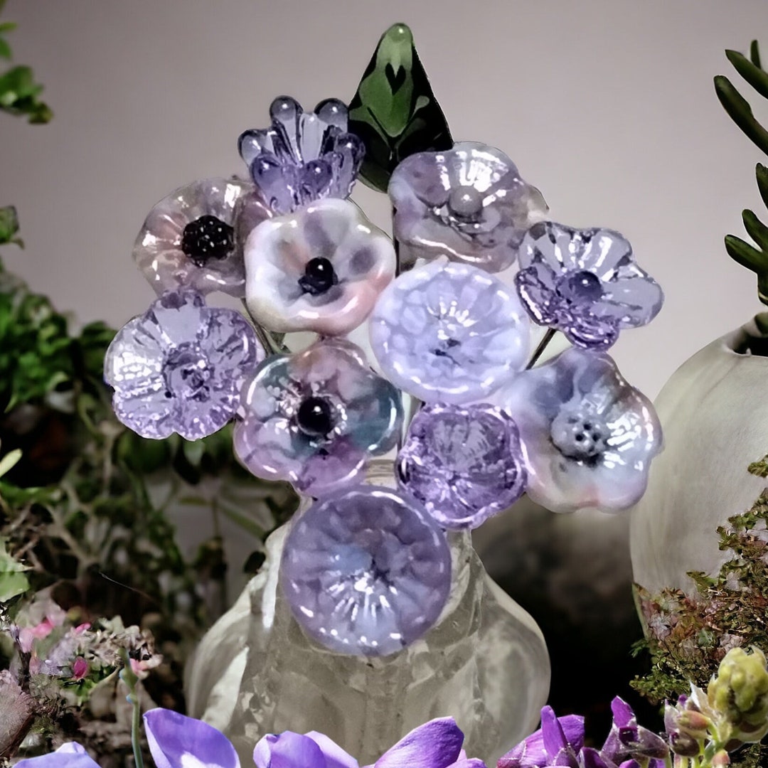 Love Lavender Bouquet glass Flower/leaf 11 Flowers 1 Leaf Total Tiny ...