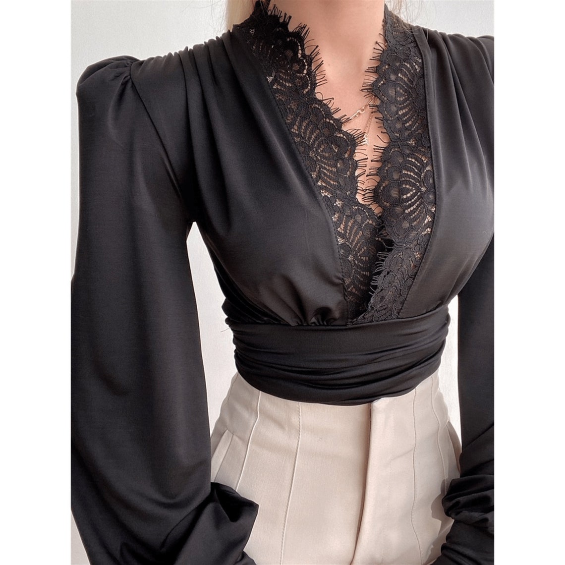 Long Sleeve Brown Color Vintage Bodysuit With Lace Detail | Etsy