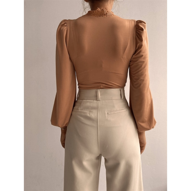 Long Sleeve Brown Color Vintage Bodysuit With Lace Detail - Etsy