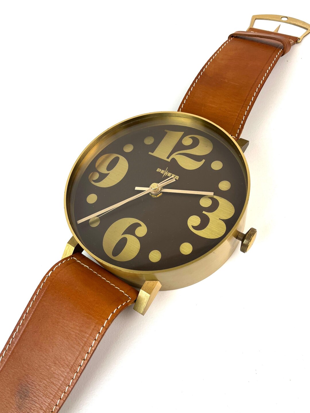 Rare Mid Century Brown Leather Brass Wall Clock in Wrist Watch Shape ...