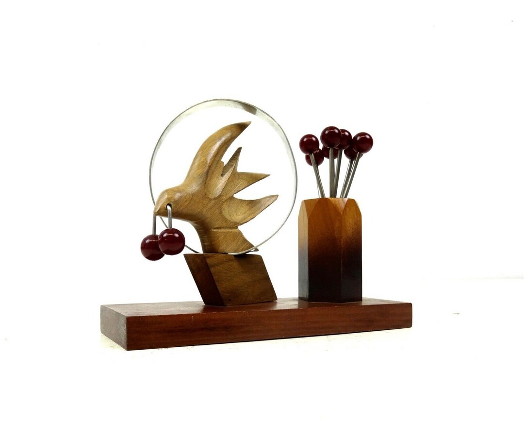 Rare Art Deco Bakelite and Wood Cocktail Swizzle Stir Sticks in Holder ...