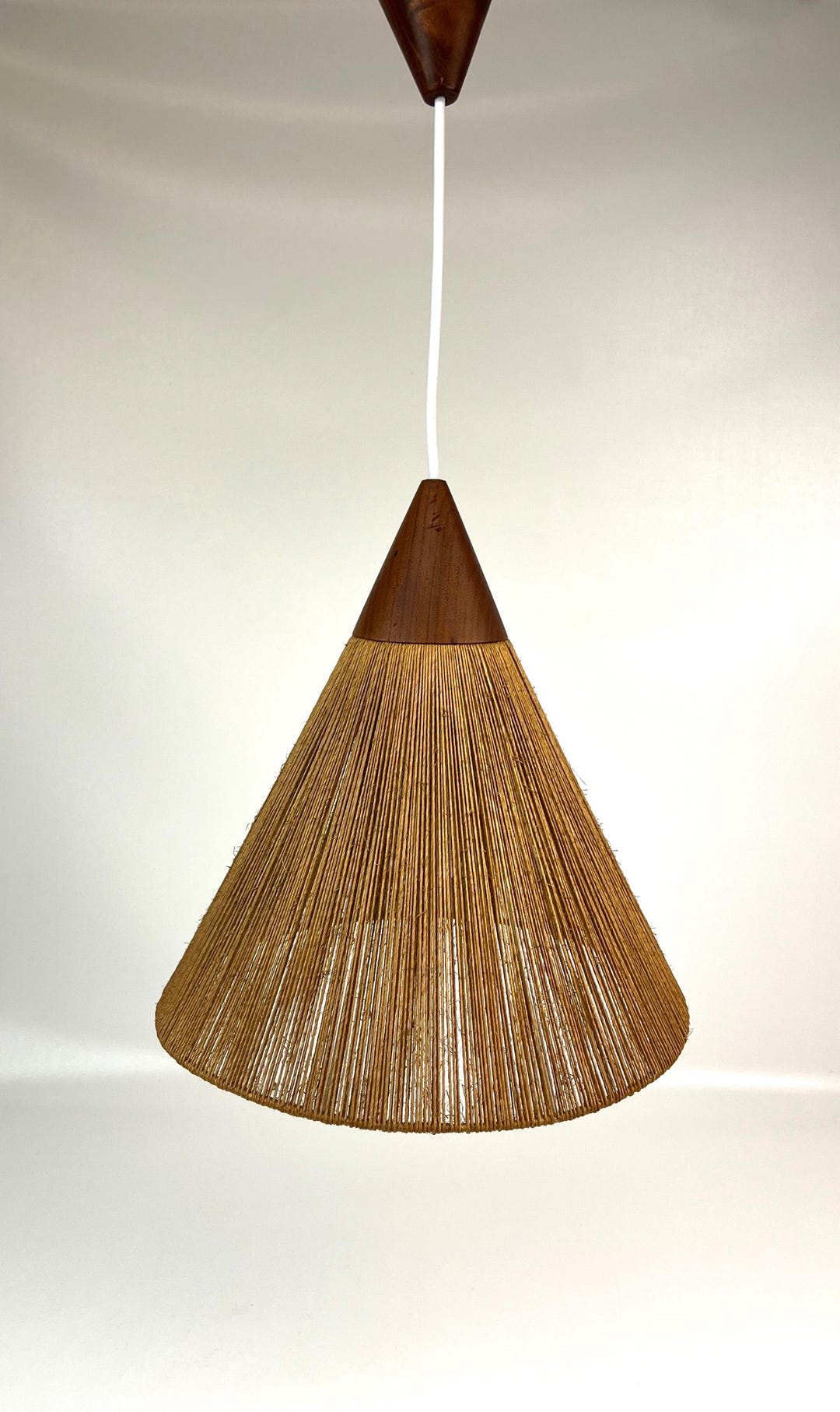 Stunning Mid Century Danish Modern Teak and Sisal Ceiling Pendant Lamp ...