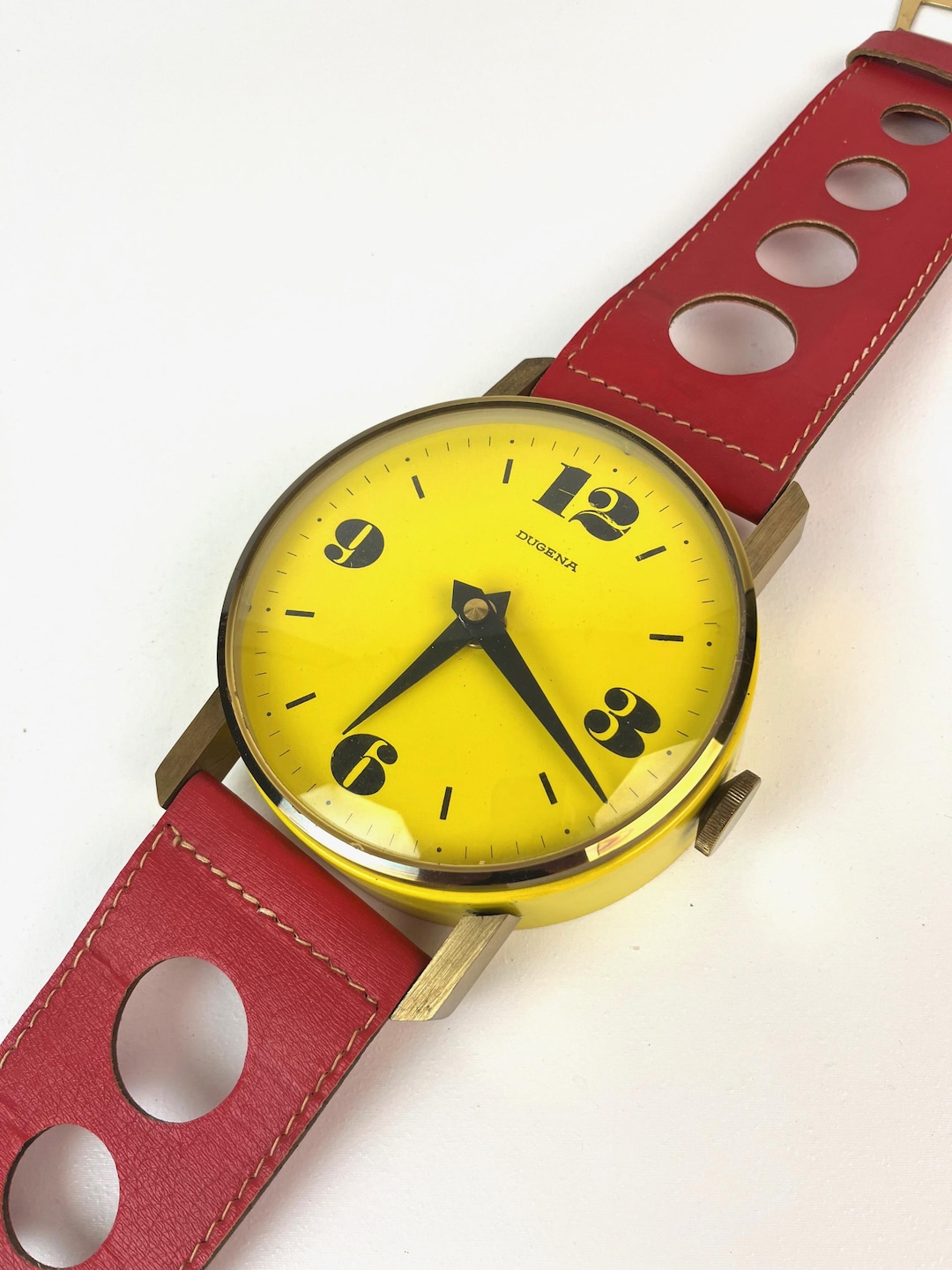 Rare Mid Century XL Yellow Red 70s Pop Art Wall Clock in Wrist Watch ...