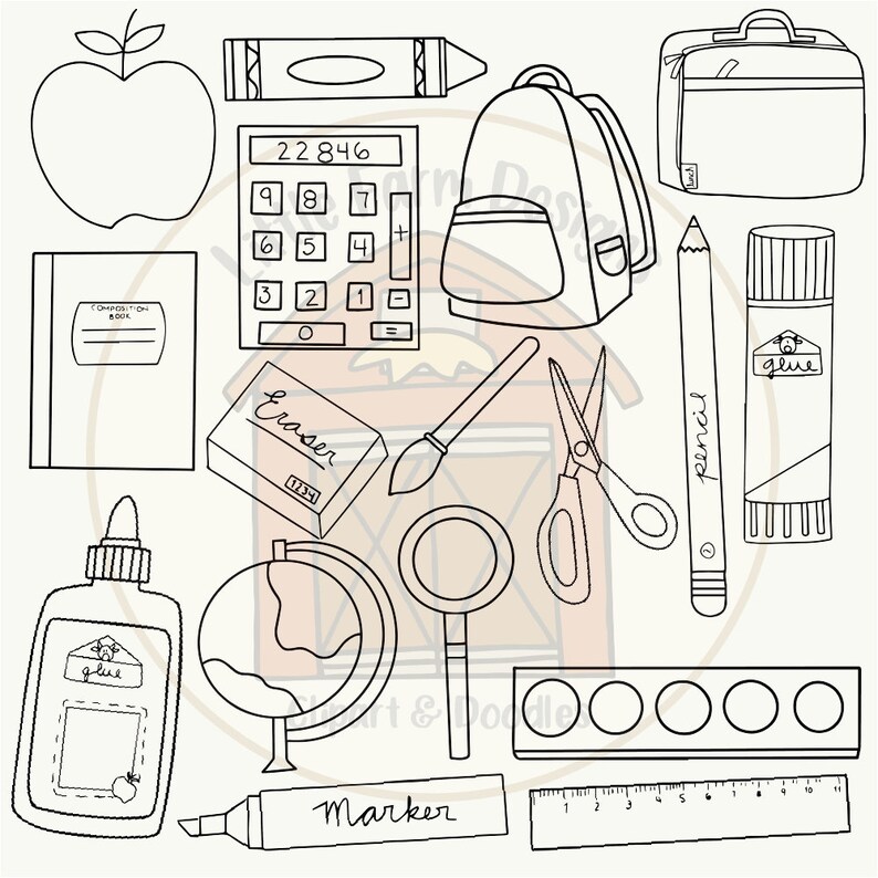 School Supplies Doodles, School Digital Stamps, School Clipart, School ...