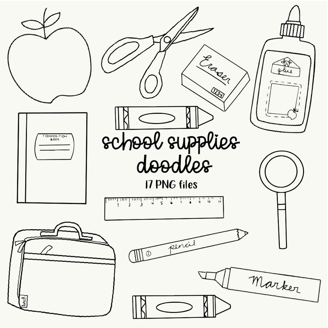 School Supplies Doodles, School Digital Stamps, School Clipart, School ...