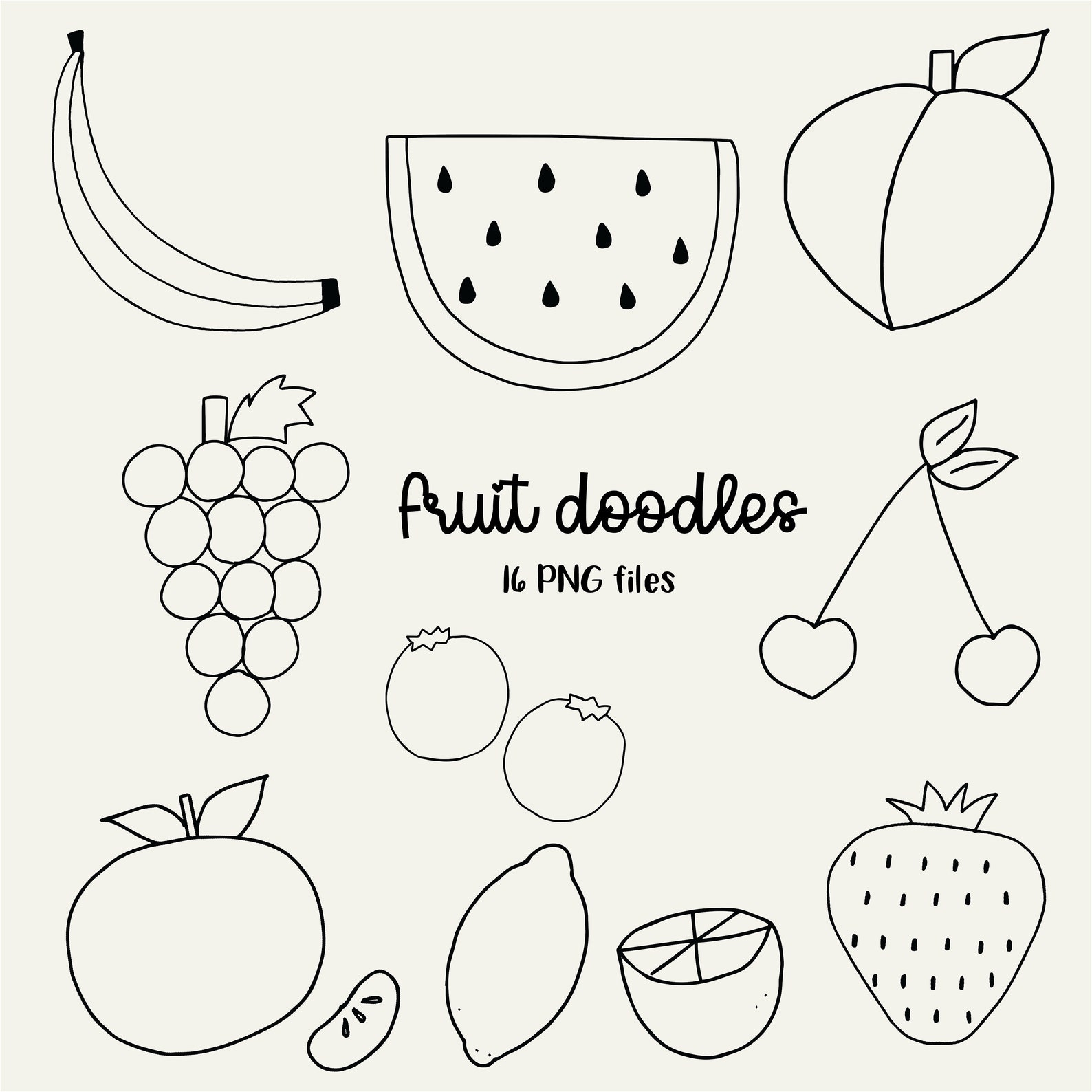 Fruit Doodles, Fruit Digital Stamps, Fruits Clipart, Fruits Clear ...