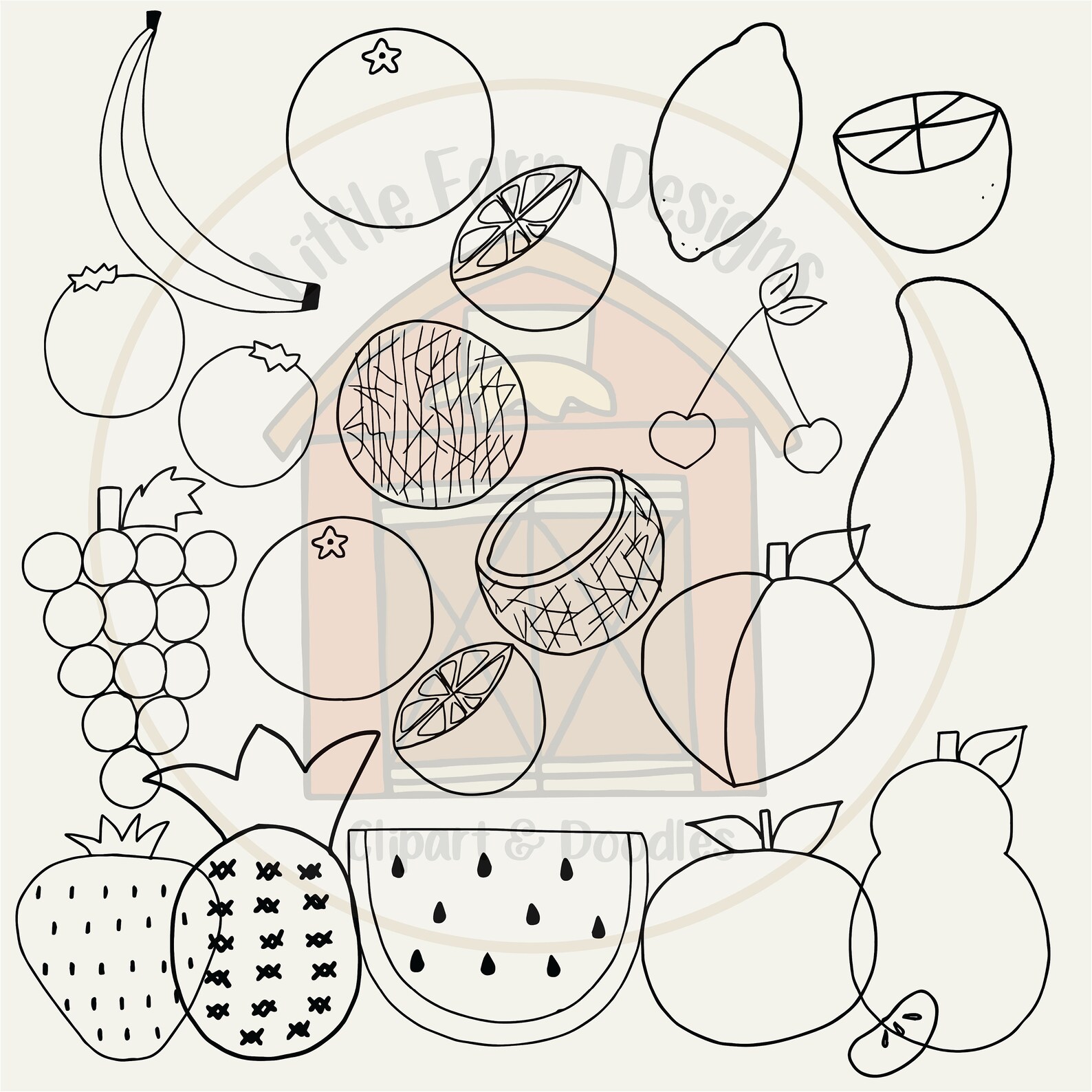 Fruit Doodles, Fruit Digital Stamps, Fruits Clipart, Fruits Clear ...
