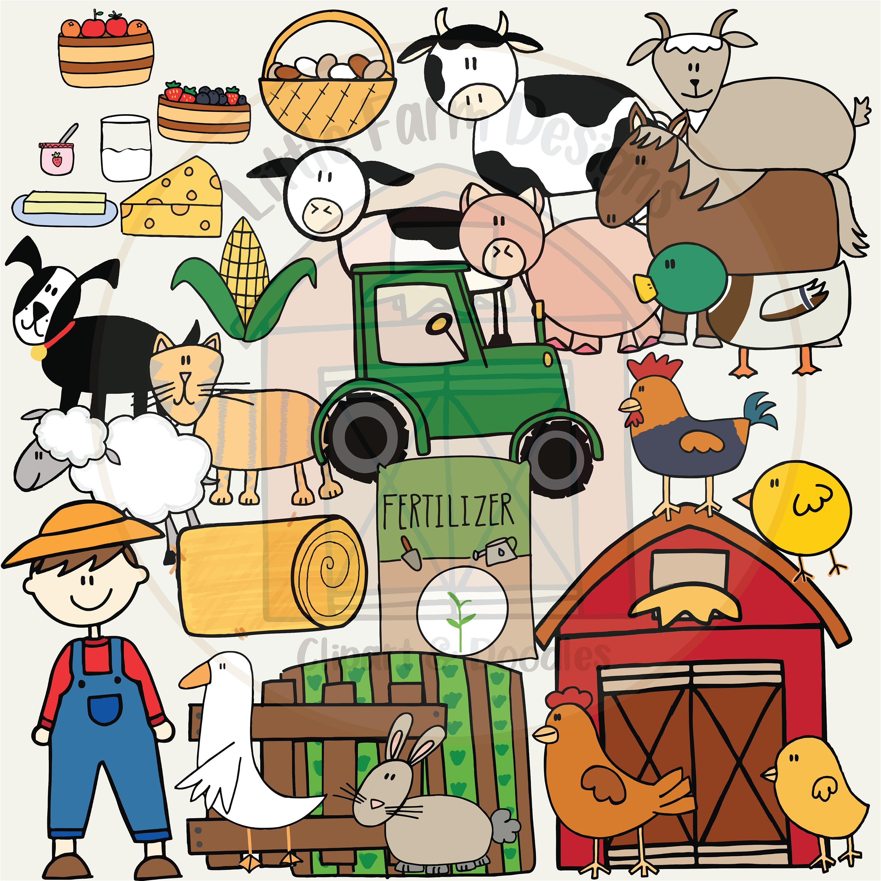 Farm Animals Clipart, Farm Animals Stamps, Farm Graphics, Farm Doodles ...